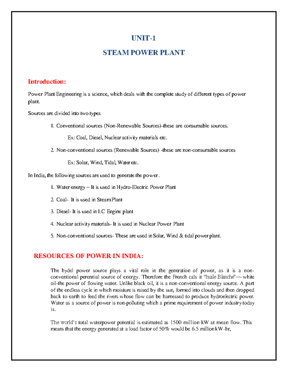 Power Plant Engineering 1 - UNIT- STEAM POWER PLANT Introduction: Power ...