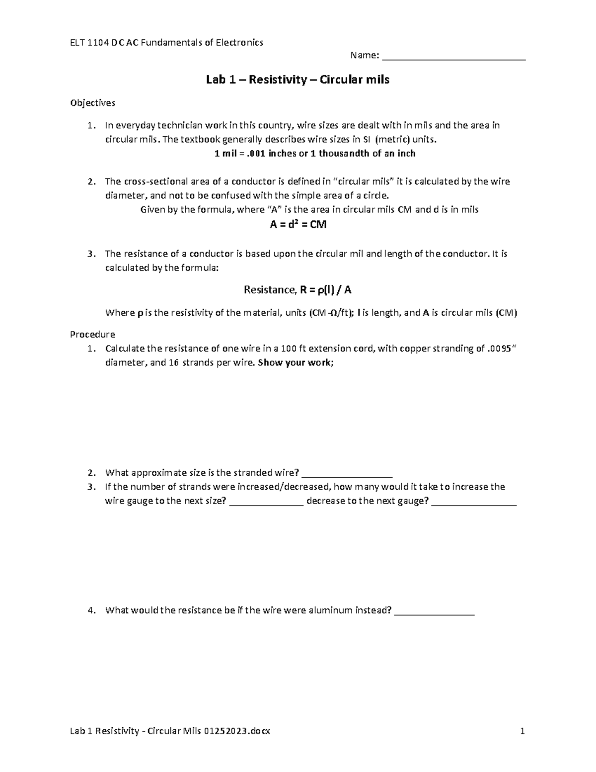 Lab 1 Resistivity - Circular Mils 01252023 - In everyday technician ...