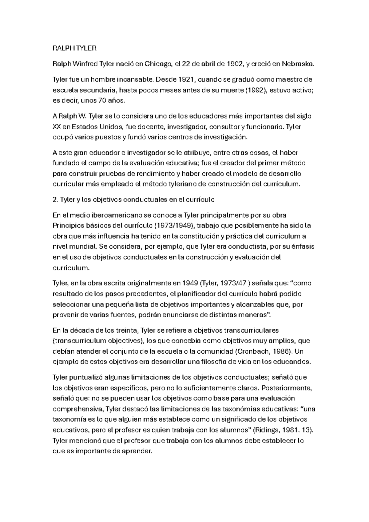 Tyler - Concepción pedagógica - RALPH TYLER Ralph Winfred Tyler nació ...