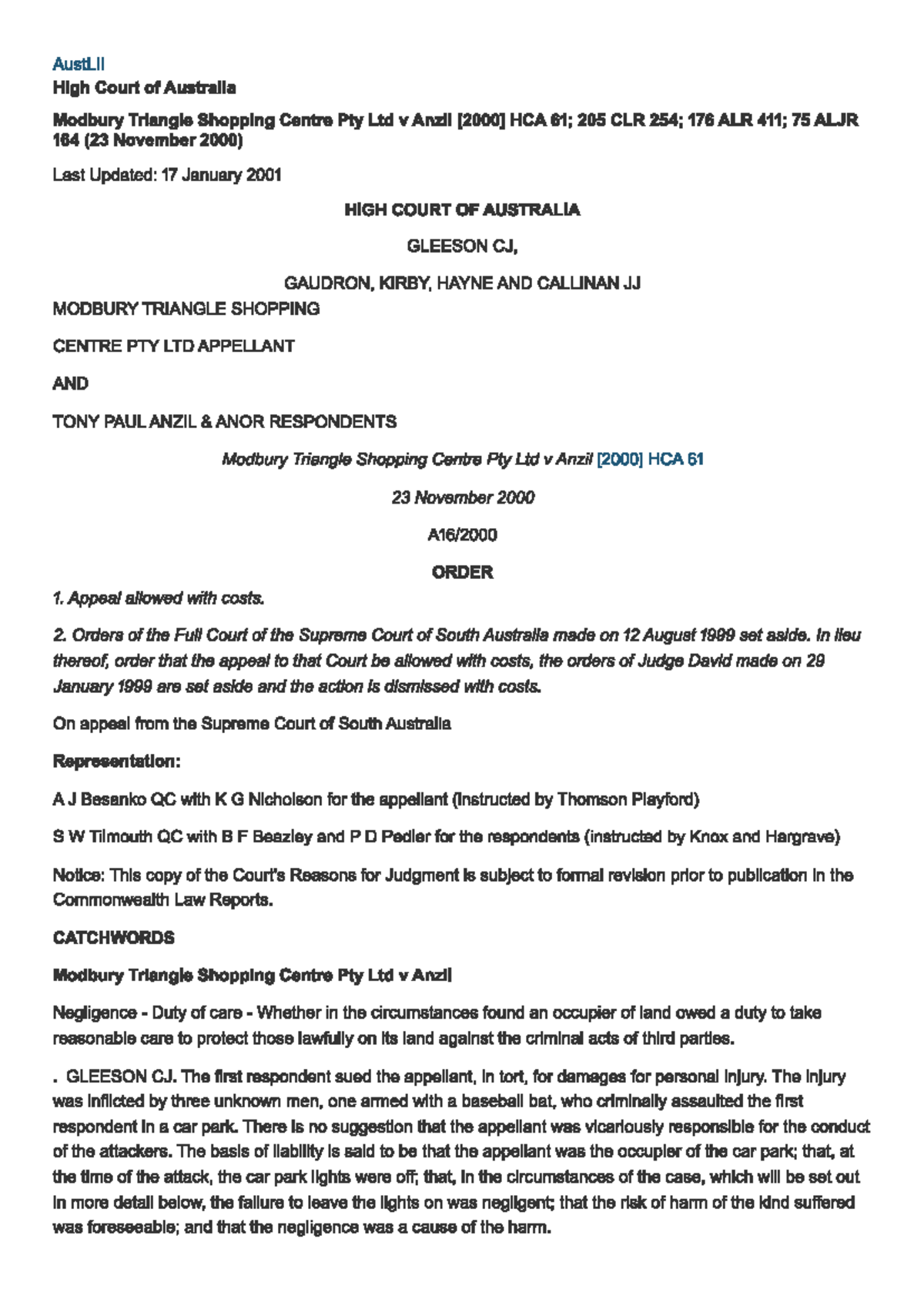 Modbury Triangle Shopping Centre Pty Lt...LR 411; 75 ALJR 164 (23 ...