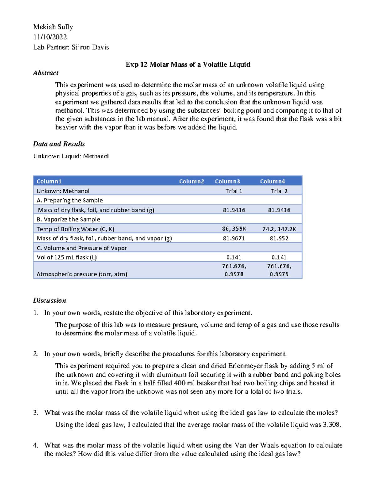Short Report Form Molar Mass of a Volatile Liquid - Mekiah Sully 11/10 ...