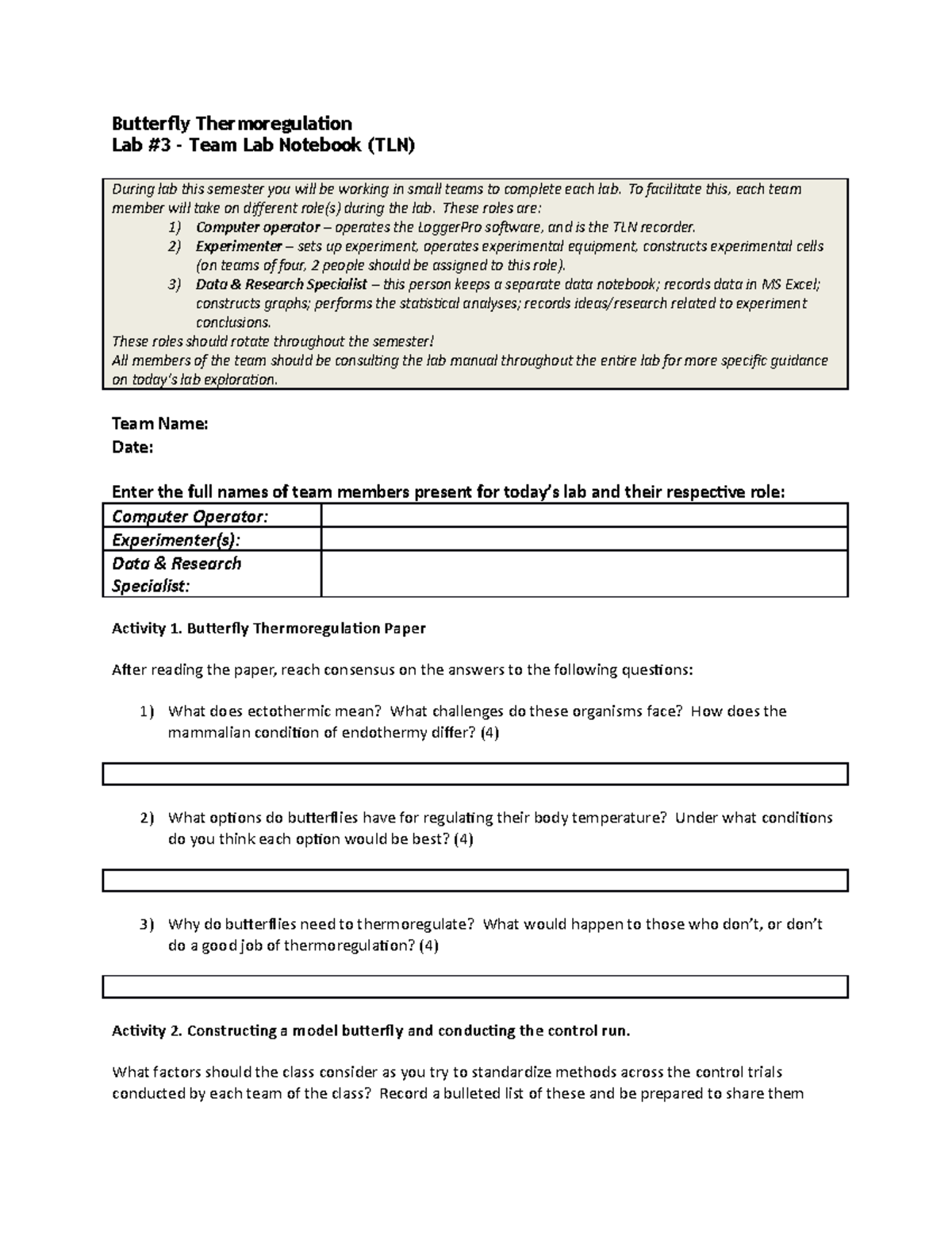 Lab 3 - Thermoregulation TLN - Butterfly Thermoregulation Lab #3 - Team ...