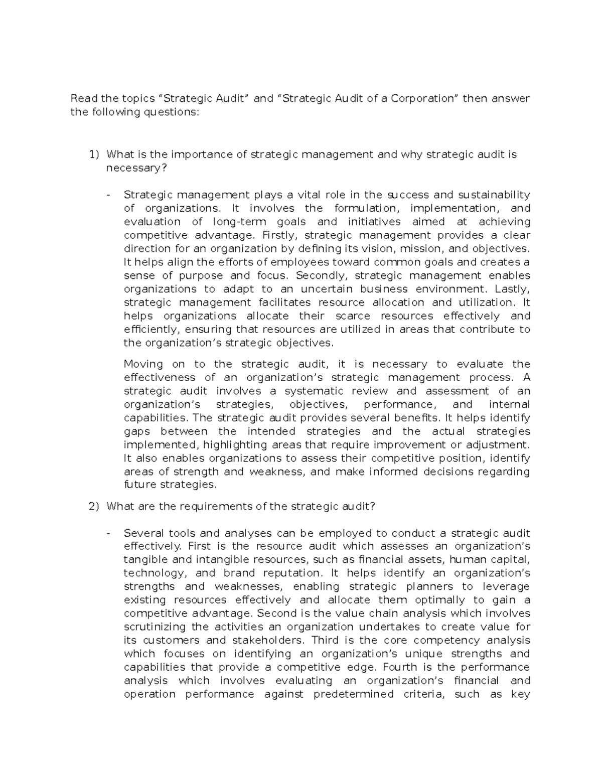 Strategic Audit - Assignment - Read the topics “Strategic Audit” and ...