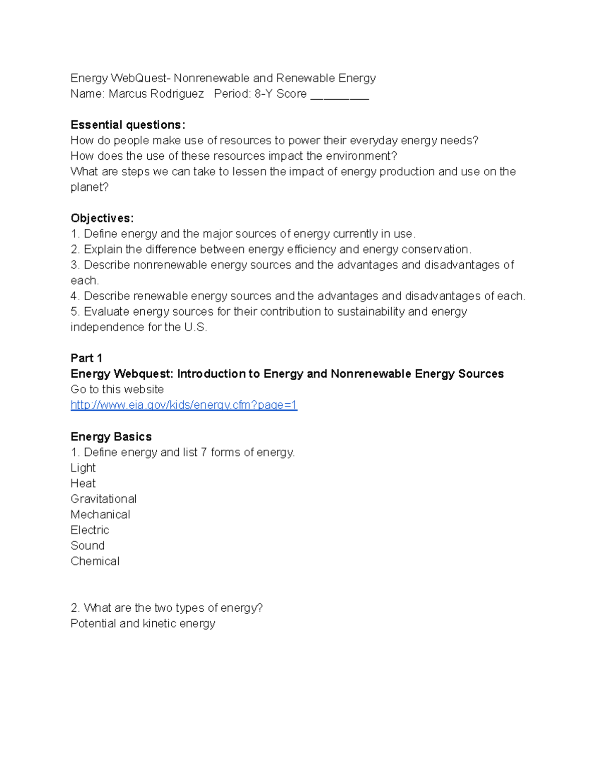 Energy Web Quest- Nonrenewable and Renewable Energy - Energy WebQuest ...