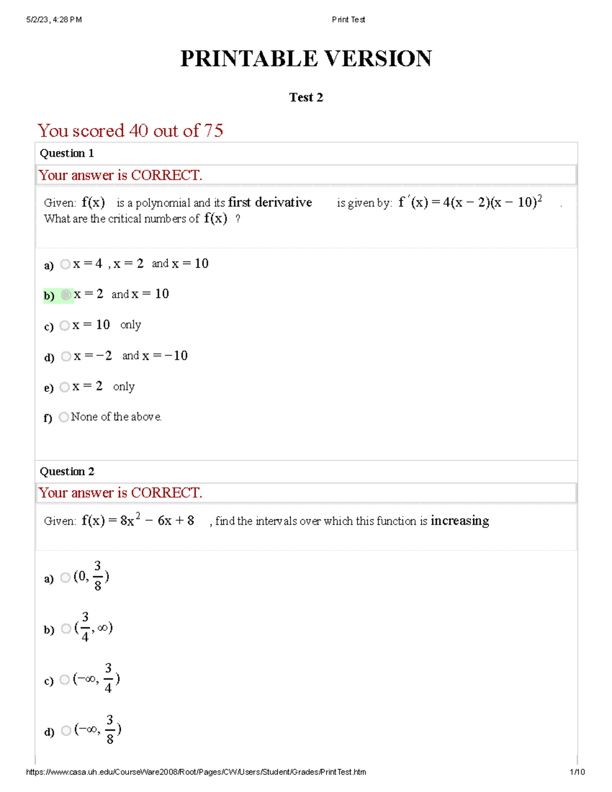 Test 2 Test 2review PRINTABLE VERSION Test 2 You Scored 40 Out Of