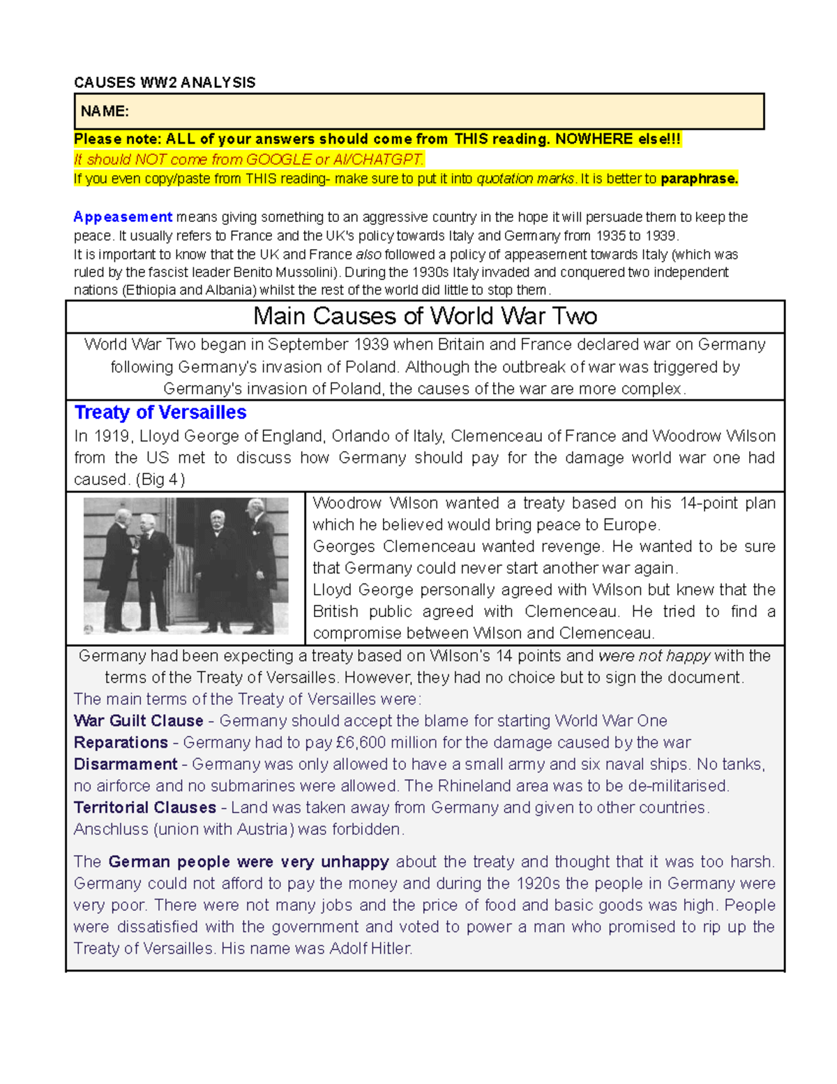 Causes WW2 Analysis - Summary World History 1500 to the Present ...