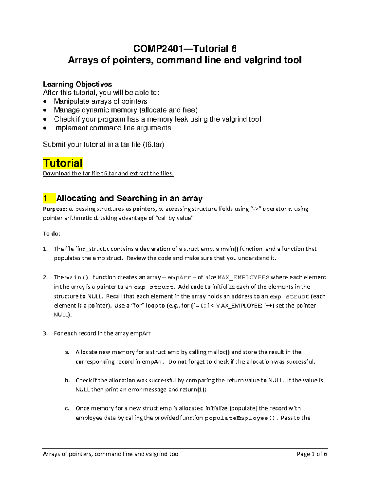 T6-specification - Tutorial - COMP2401—Tutorial 6 Arrays of pointers, command line and valgrind ...