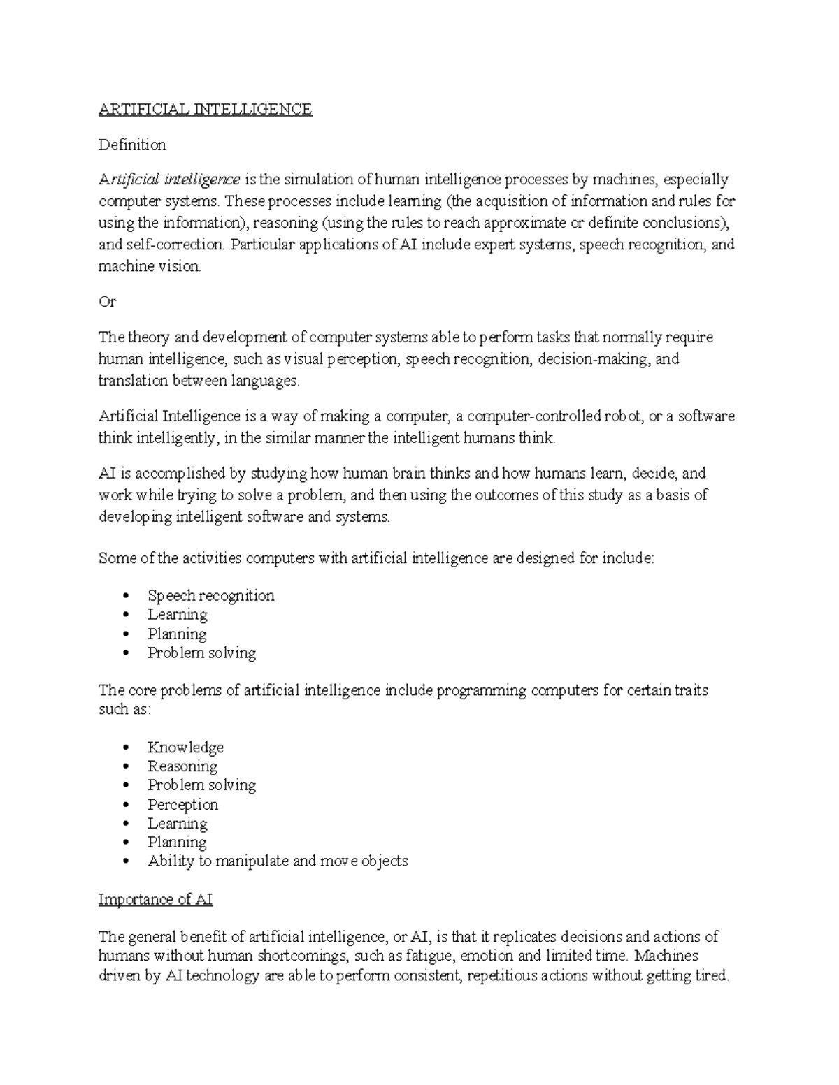 Artificial Intelligence-1 - ARTIFICIAL INTELLIGENCE Definition Artificial intelligence is the ...