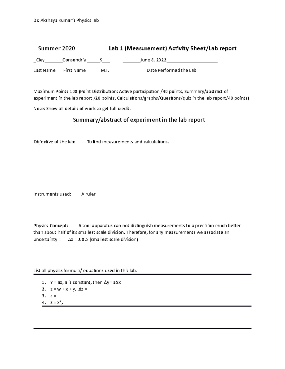Physics 313 Lab 1 Measurement Activity - Summer 2020 Lab 1 (Measurement) Activity Sheet/Lab ...