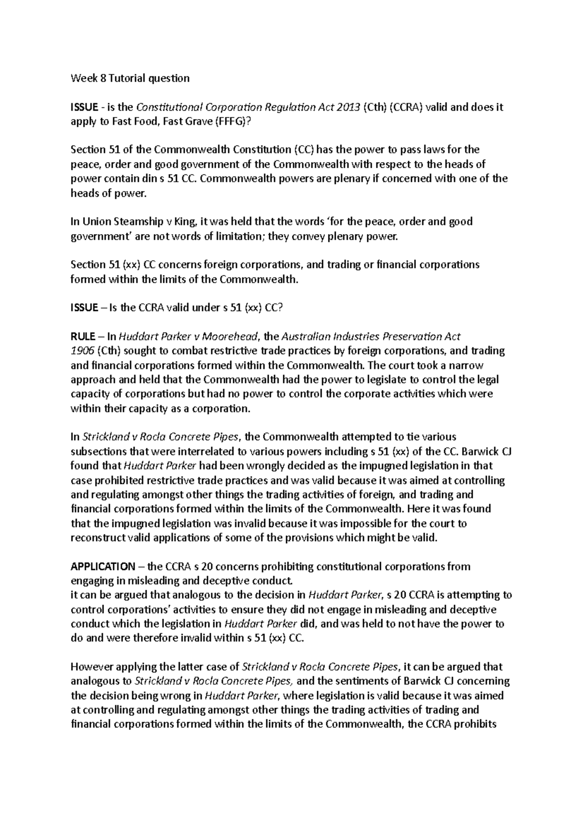 Week 8 Tutorial answer - Week 8 Tutorial quesion ISSUE - is the ...