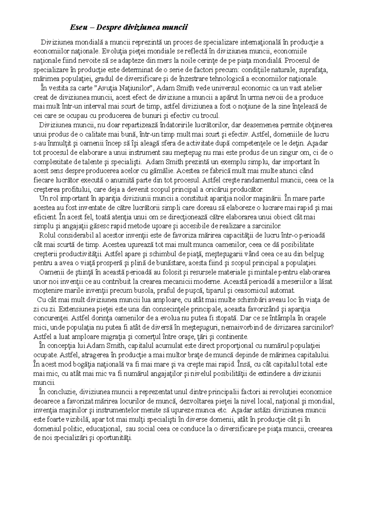 Eseu diviziunea muncii - Eseu – Despre diviziunea muncii Diviziuneа ...