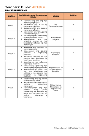 AP1-Quarter 1-TG (LPs) - Teachers’ Guide: APTek 1 Quarter 1: Katangi-Tangi Ako Weeks DepEd Most ...