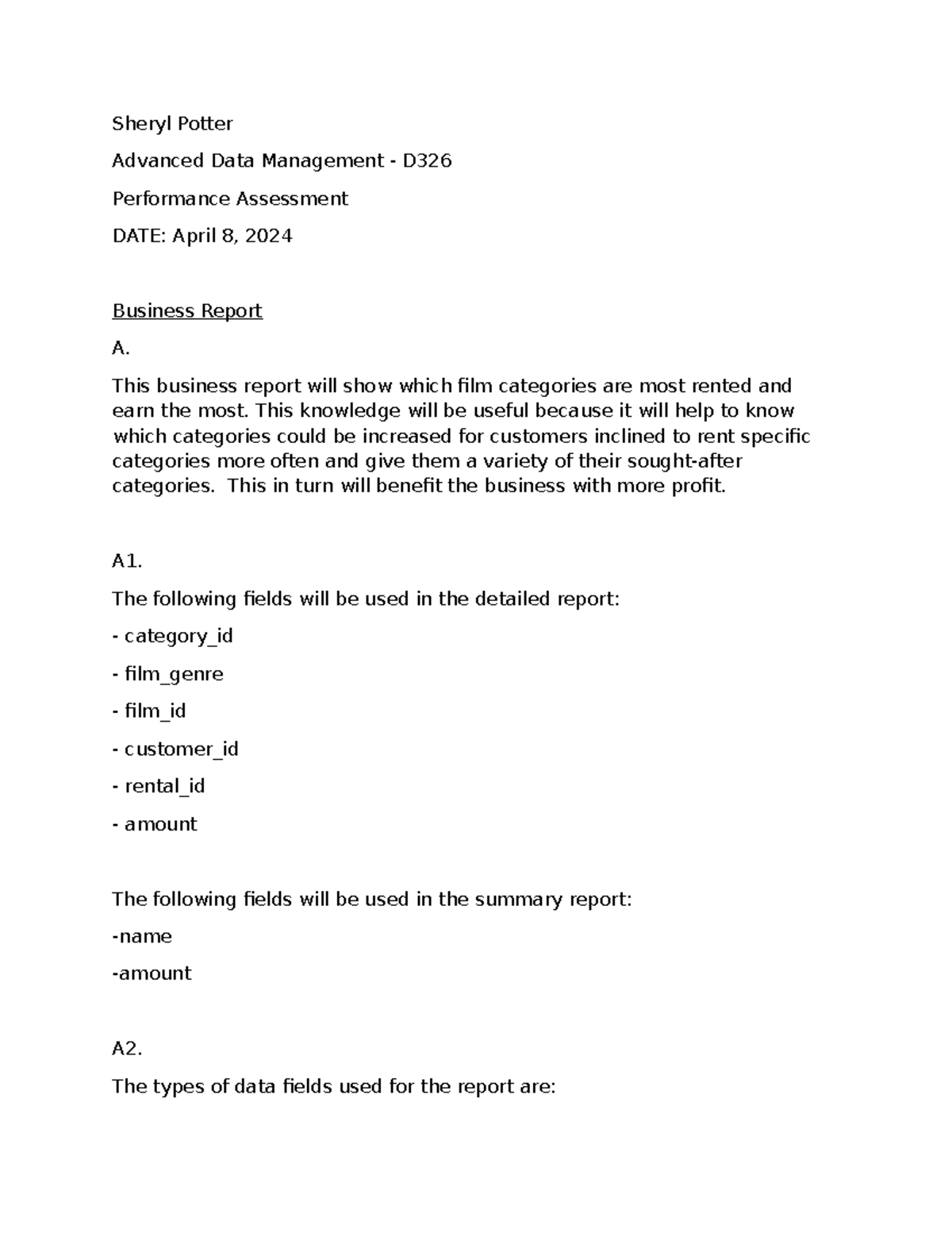 Final paper Advanced Data Management - D326 - Sheryl Potter Advanced ...