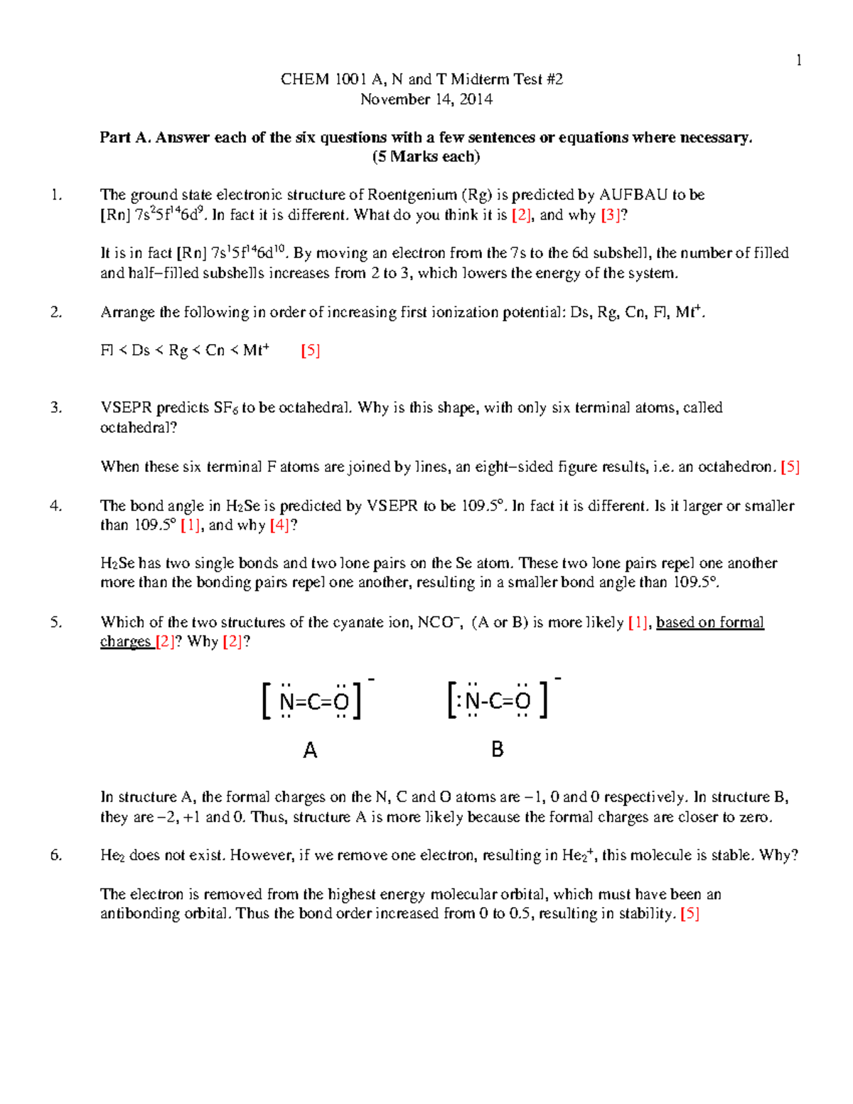 Midterm 2014 Questions And Answers Warning Tt Undefined Function 32 Chem 1001 A N And T