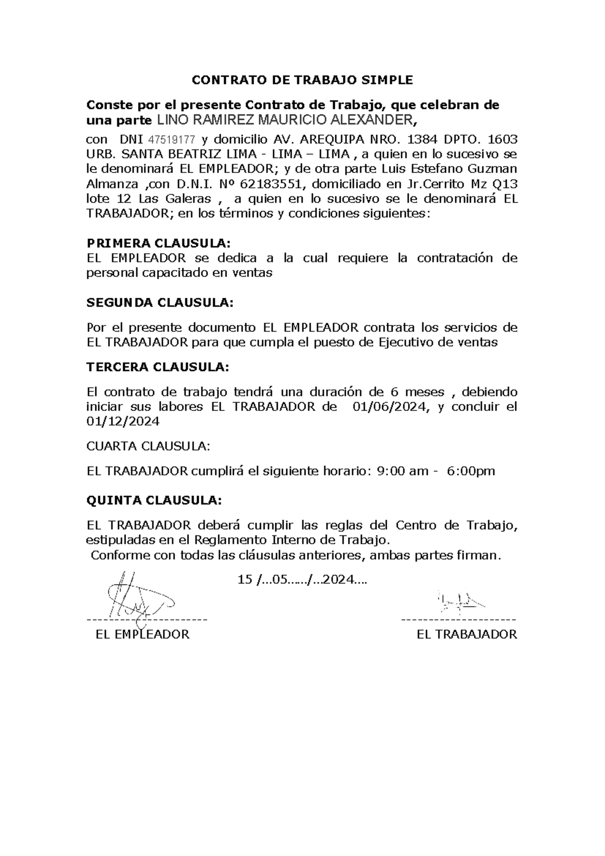 93413339 Contrato de Trabajo Simple - CONTRATO DE TRABAJO SIMPLE Conste ...