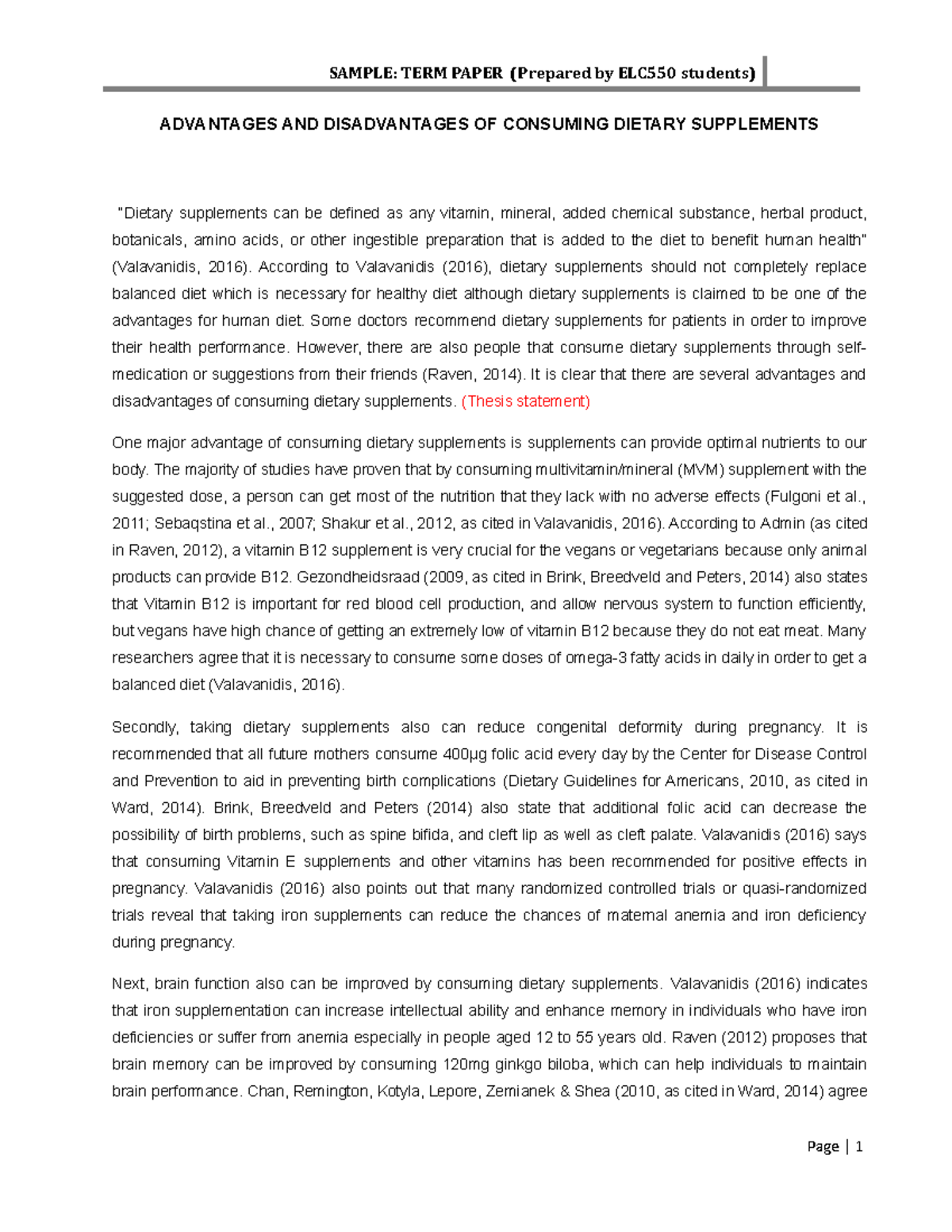 Sample TERM Paper - ADVANTAGES AND DISADVANTAGES OF CONSUMING DIETARY ...