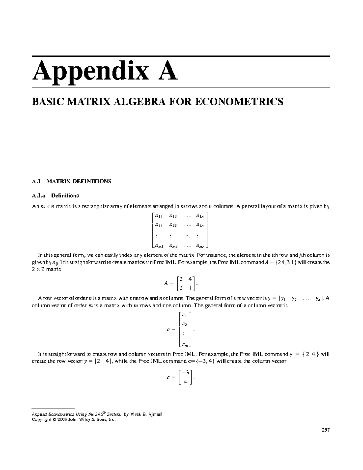 Basic Linear Algebra for Econometrics - Appendix A BASIC MATRIX ALGEBRA ...