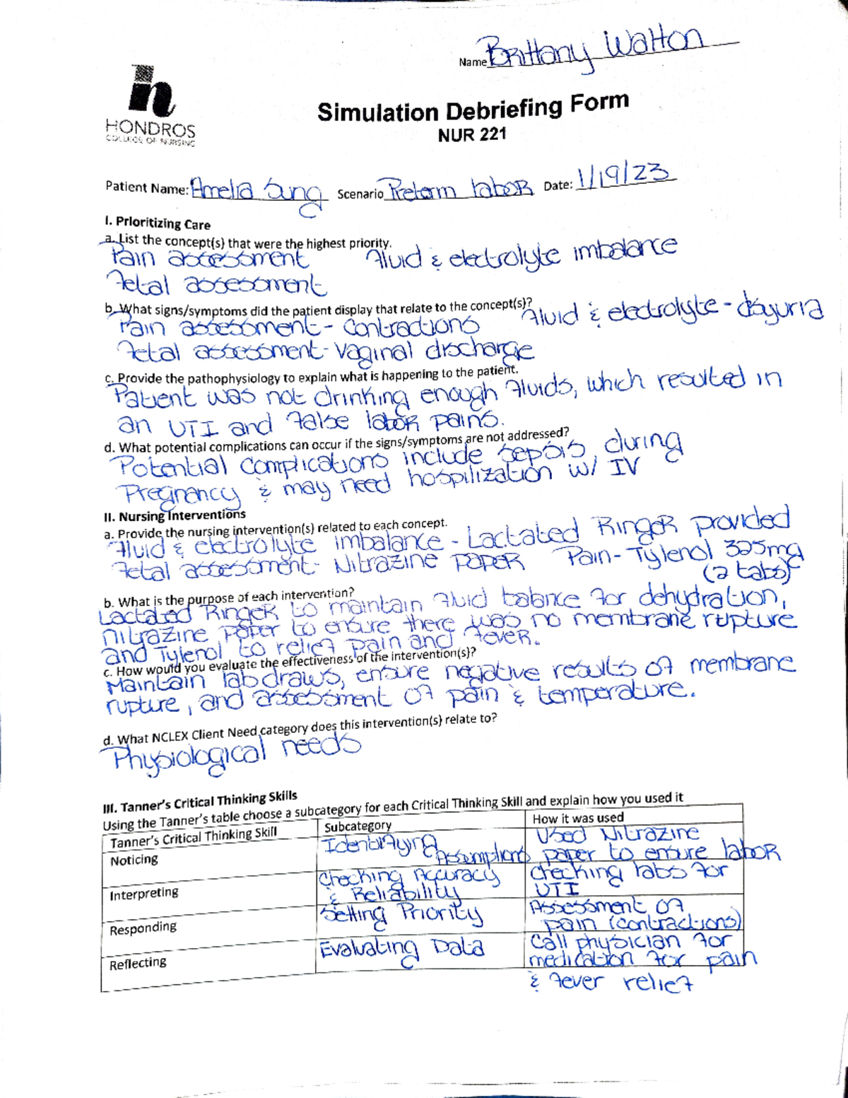 221 Sim #1 - Amelia sung - Name uatn- HONDROS Simulation Debriefing ...