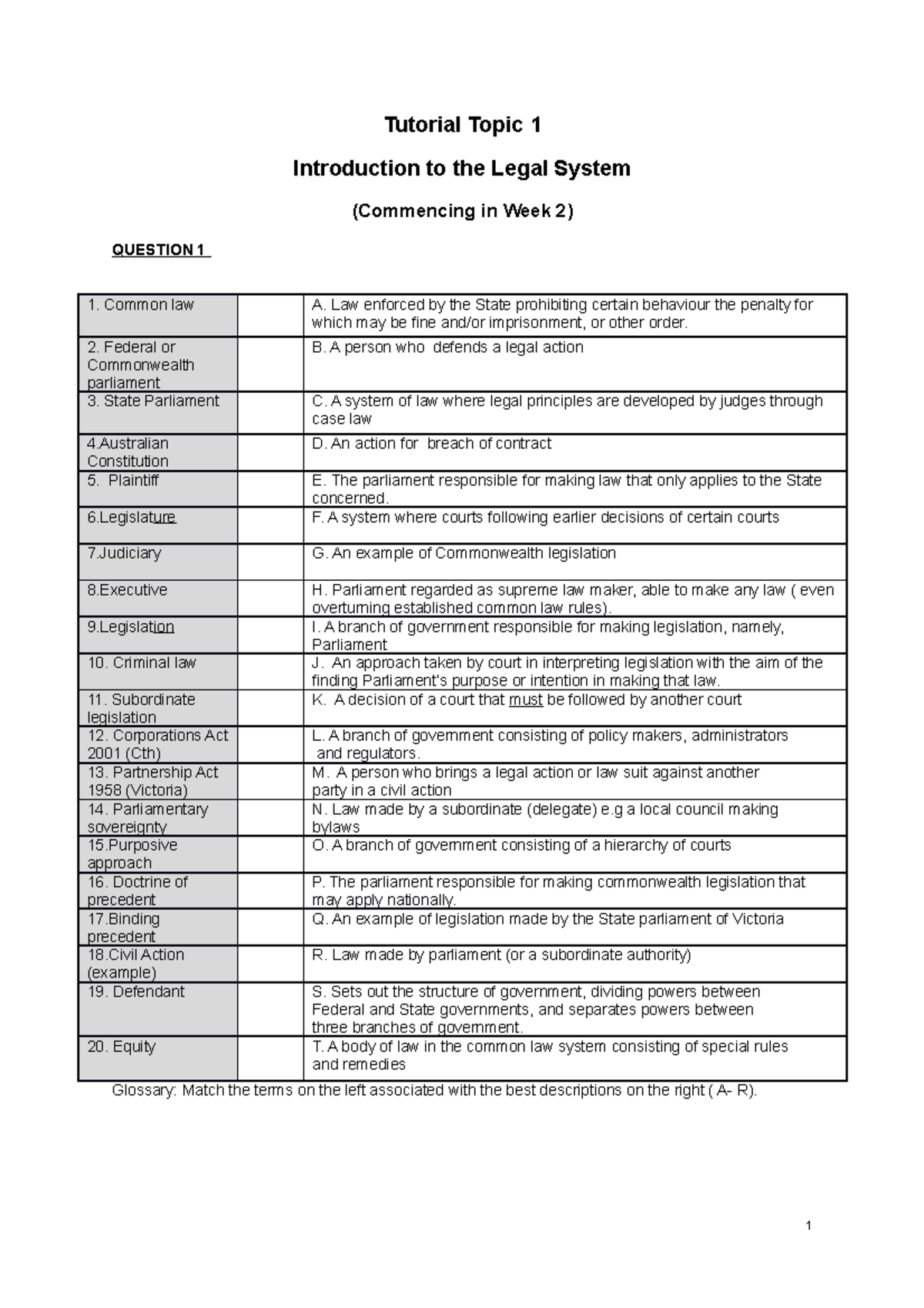 Tutorial Topic 1 Week 2 - Tutorial Topic 1 Introduction to the Legal ...
