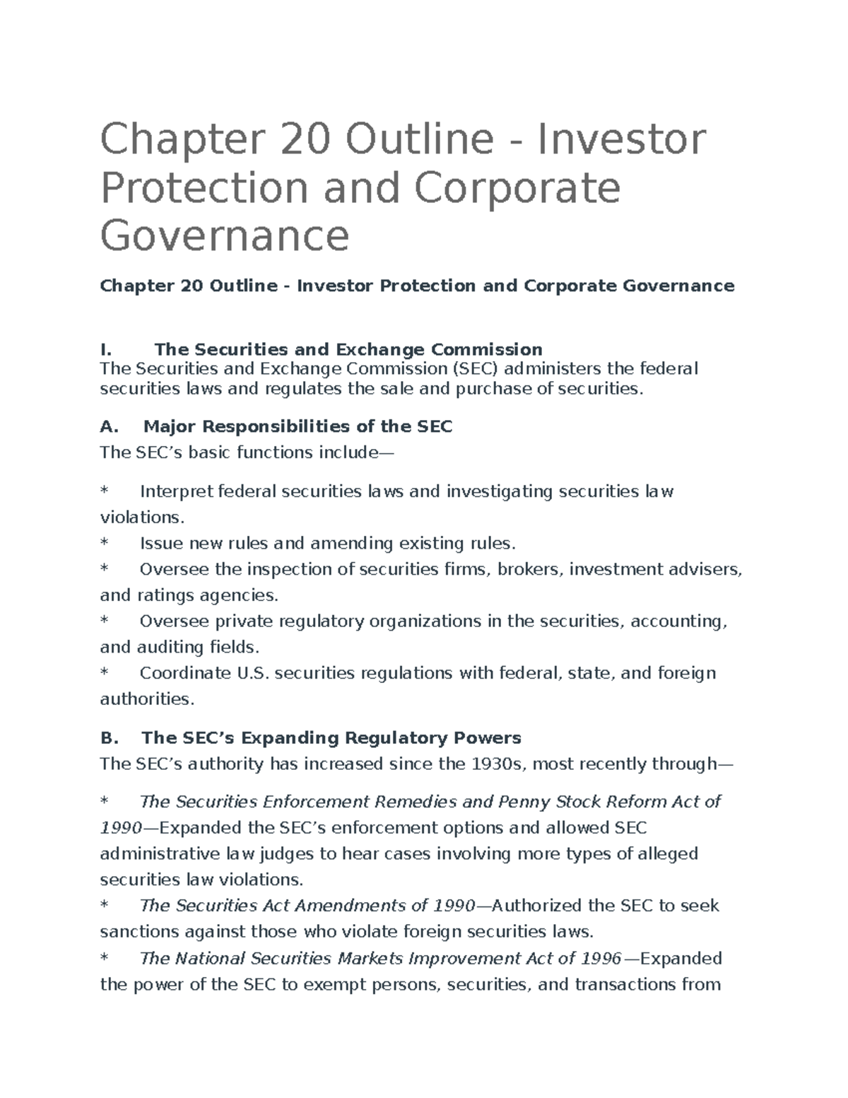 Chapter 20 Outline - Investor Protection and Corporate Governance - The ...