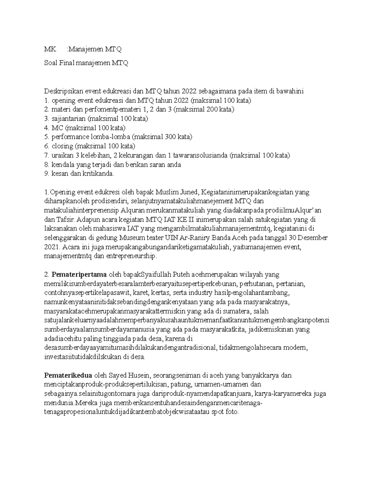 Final Manegement MTQ - MK :Manajemen MTQ Soal Final manajemen MTQ ...