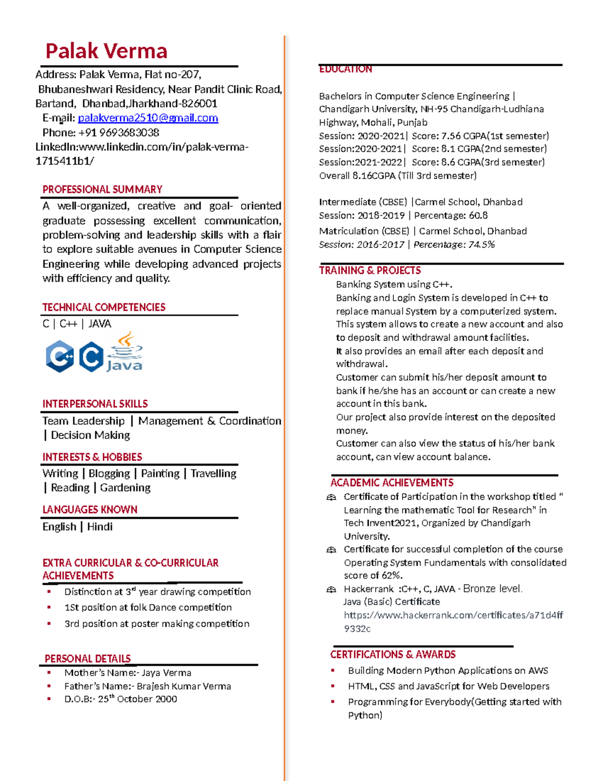 Palak VErma MAin - jkhkbhjk - Palak Verma Address: Palak Verma, Flat no-207, Bhubaneshwari - Studocu