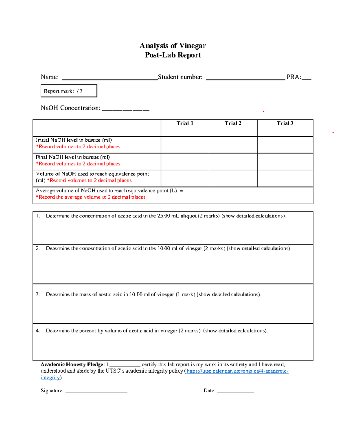 Vinegar analysis report sheet-1 - Analysis of Vinegar Post-Lab Report ...