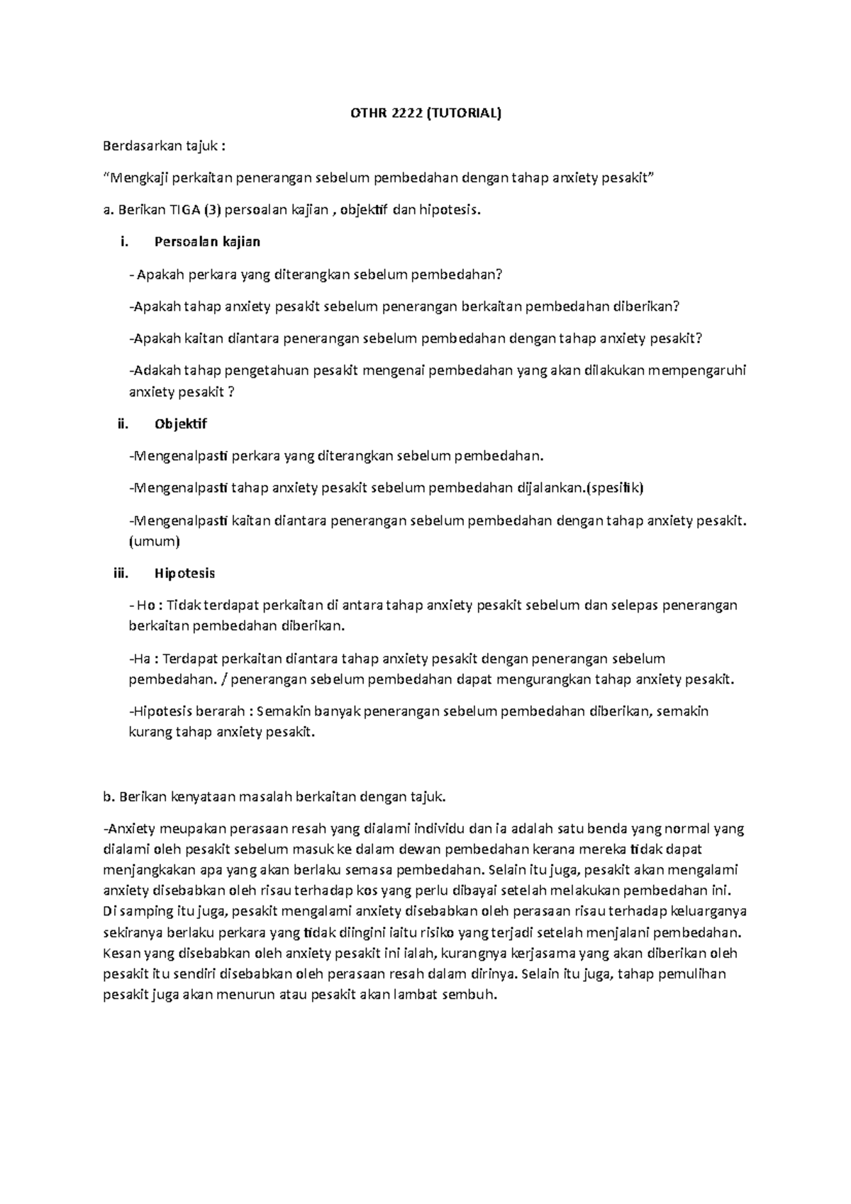 Tutorial OTHR - nothing - OTHR 2222 (TUTORIAL) Berdasarkan tajuk : “Mengkaji perkaitan ...