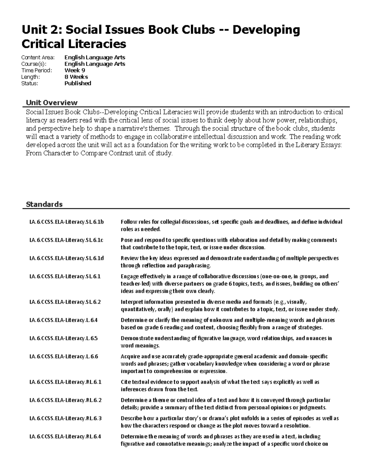 Unit Unit 2 Social Issues Book Clubs - Developing Critical Literacies ...