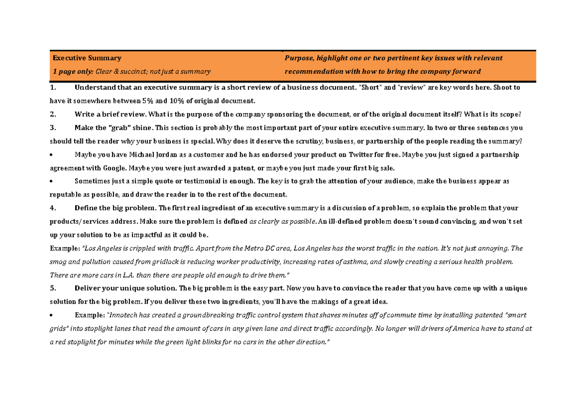 How to write a Gd Exe Summary - Executive Summary 1 page only: Clear ...