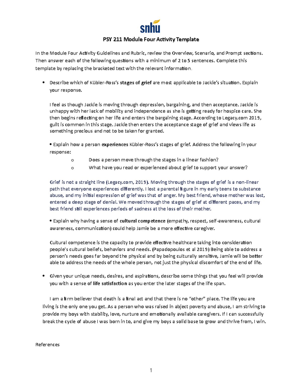 Mod 4 journal - Stages og Grief - PSY 211 Module Four Activity Template ...