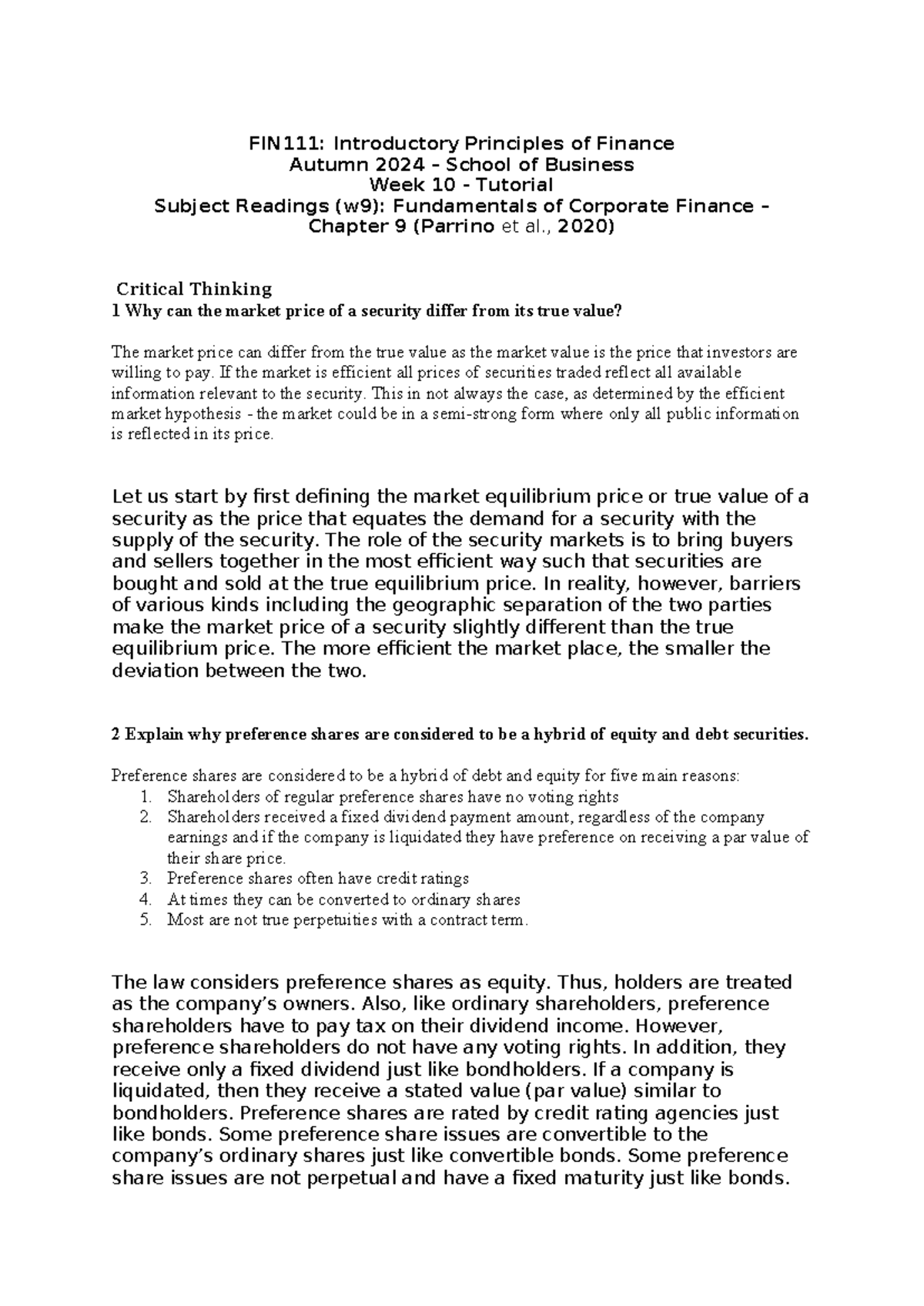 Week 10 Tutorial Questions - FIN111: Introductory Principles of Finance ...