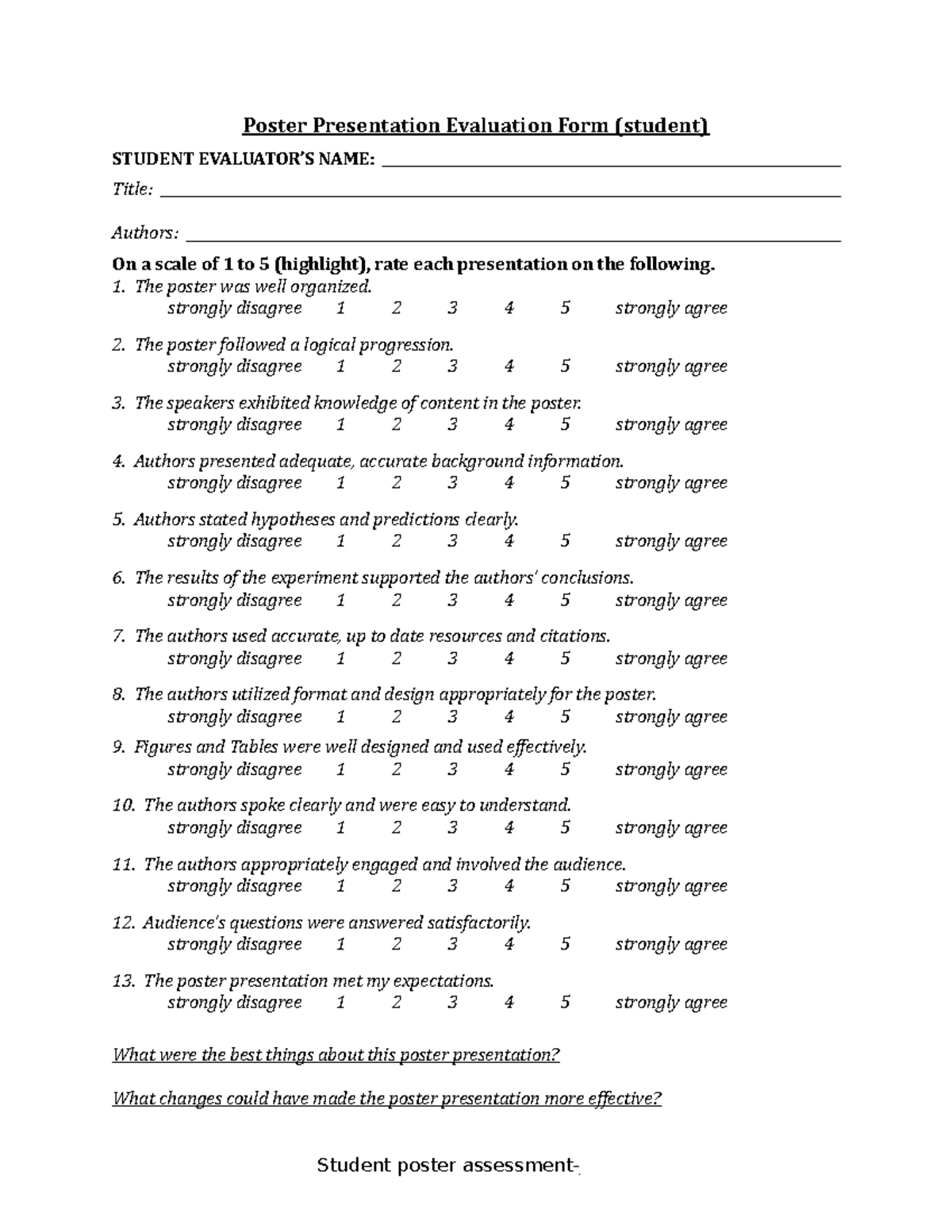 161S23 student poster rubric - Poster Presentation Evaluation Form ...