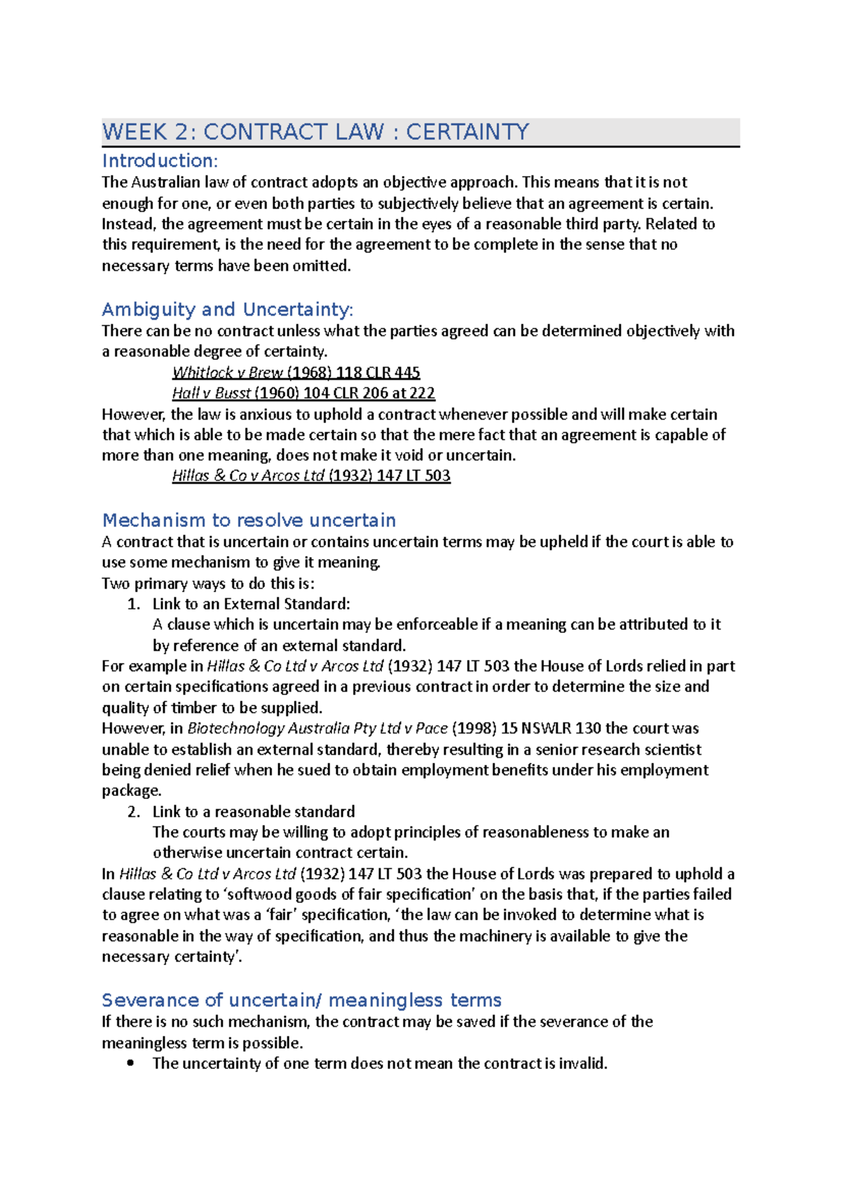 WEEK 2 Certainty tutorial - WEEK 2: CONTRACT LAW : CERTAINTY ...