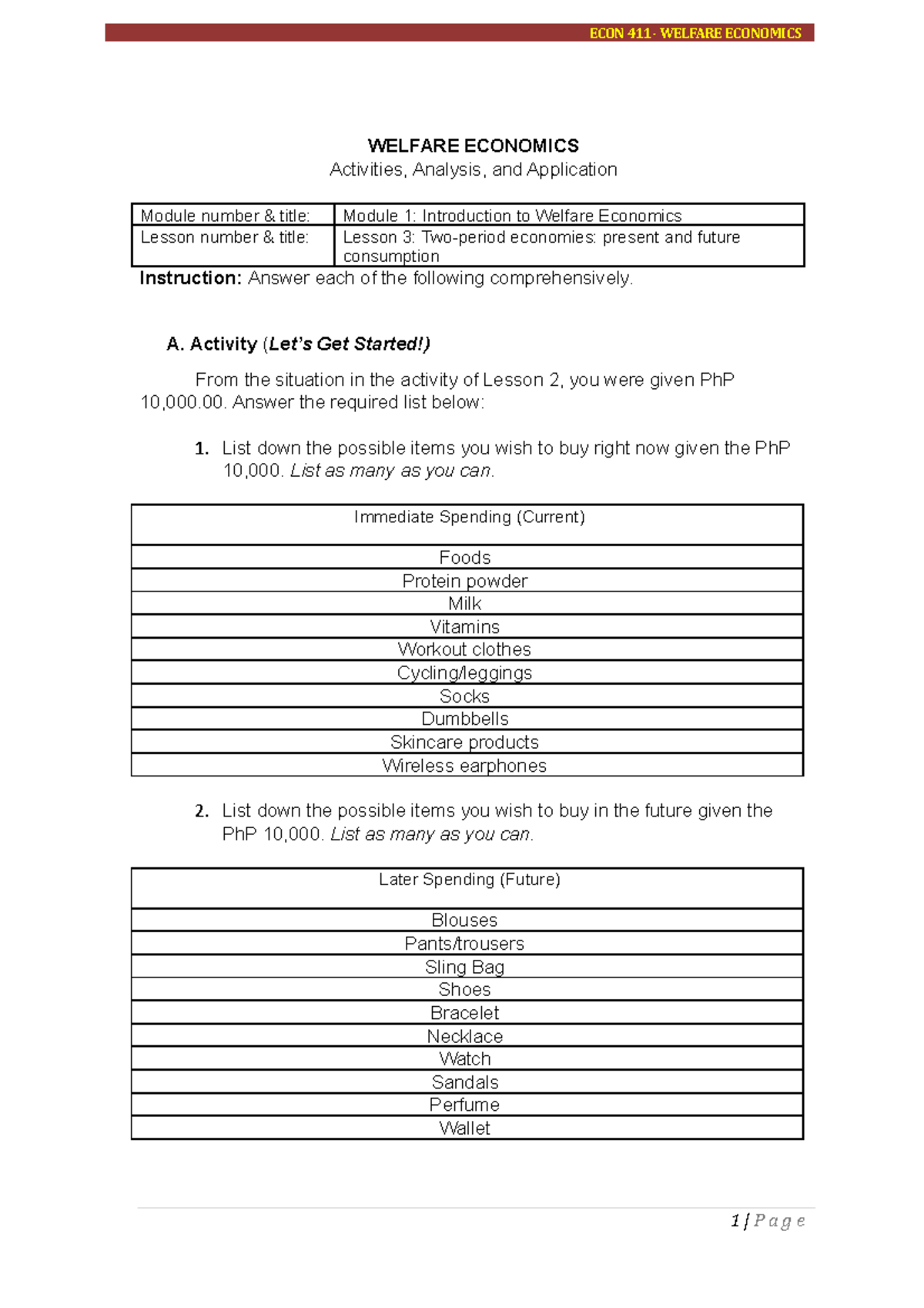 M1L3 - Two-period economies activity - WELFARE ECONOMICS Activities ...