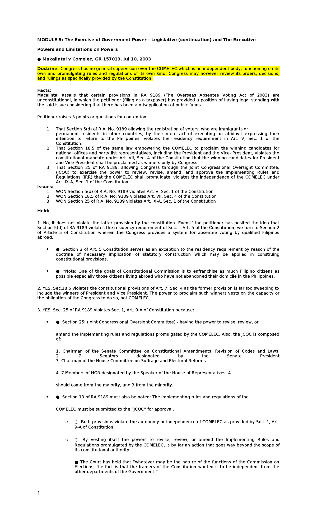 Module 5 Consti Digest ONLY - MODULE 5: The Exercise of Government ...