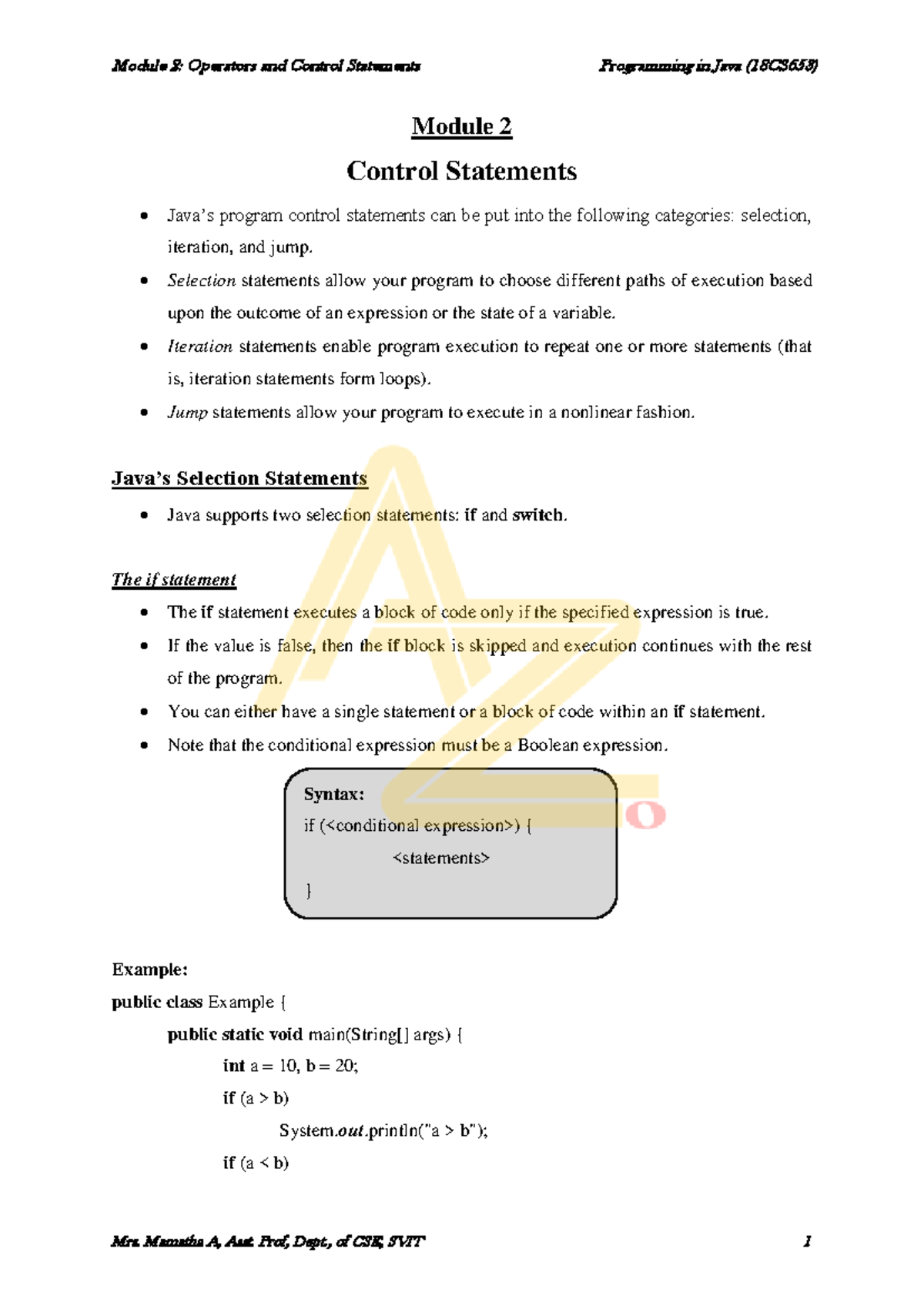 JAVA Mod2@Az Documents - Module 2 Control Statements Java’s program control statements can be ...