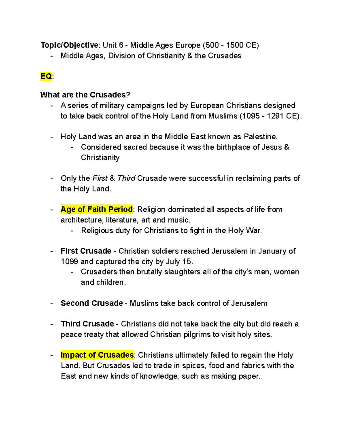 The Crusades - Newsela Notes - Topic/Objective : Unit 6 - Middle Ages ...