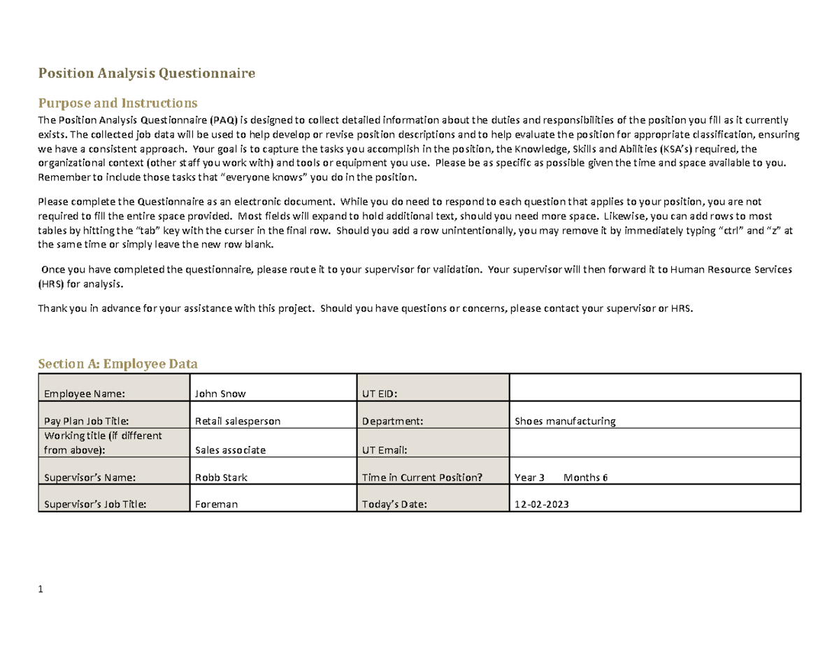 Position-analysis-questionnaire Aman Kaler - Position Analysis ...