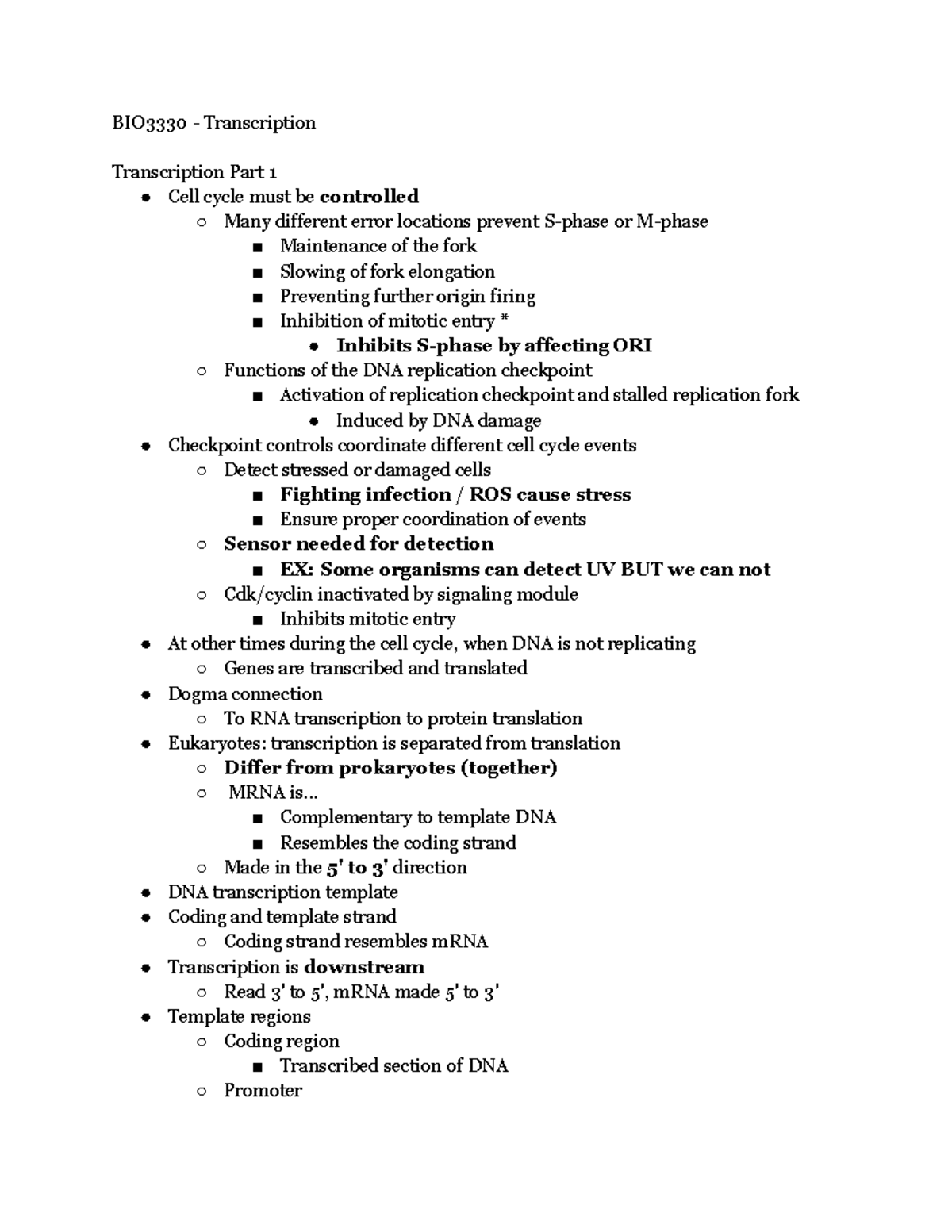 Transcription 1&2 Exam3 Cell Bio - BIO3330 - Transcription ...