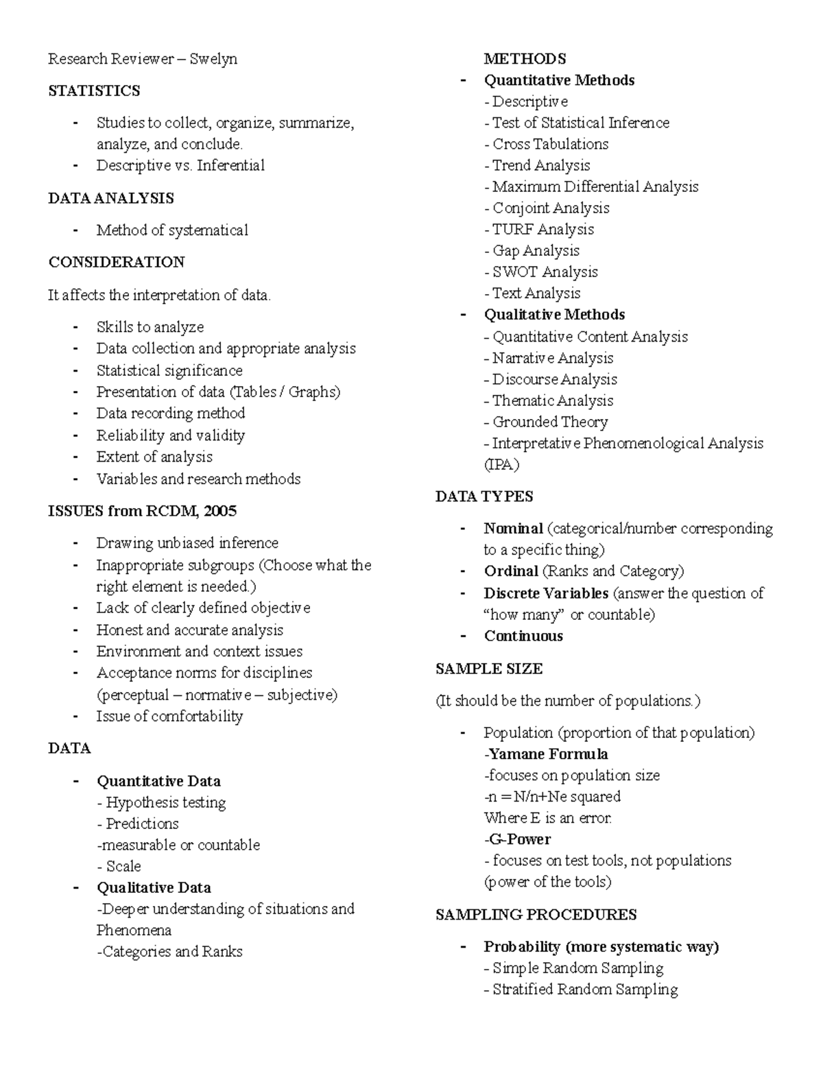 Statistical Analysis - Research Reviewer – Swelyn STATISTICS - Studies ...
