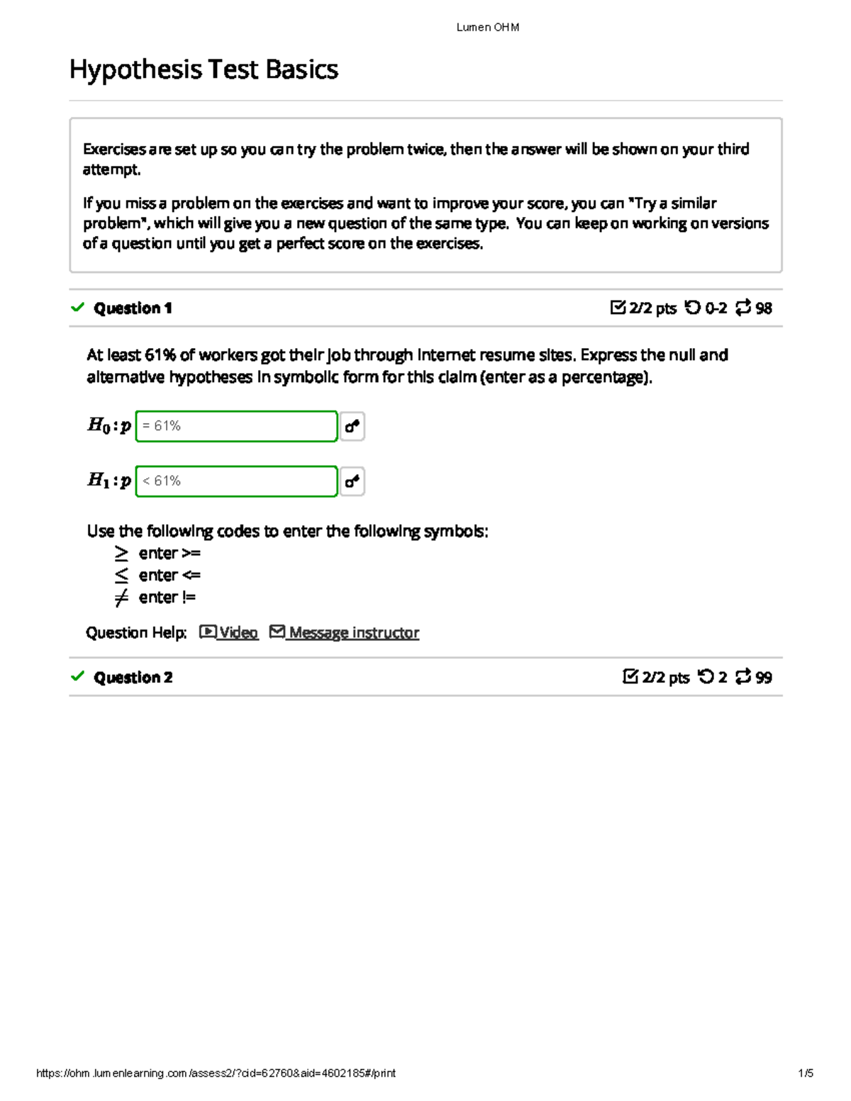 Home work Hypothesis test basic - Lumen OHM Hypothesis Test Basics ...