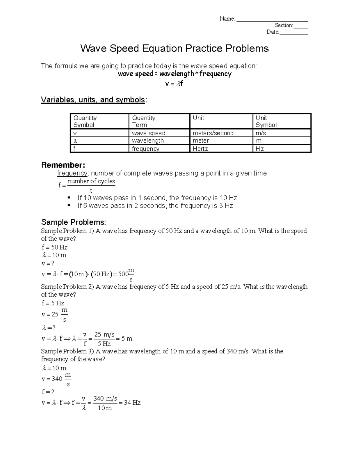 Wave Speed Worksheet Name Section