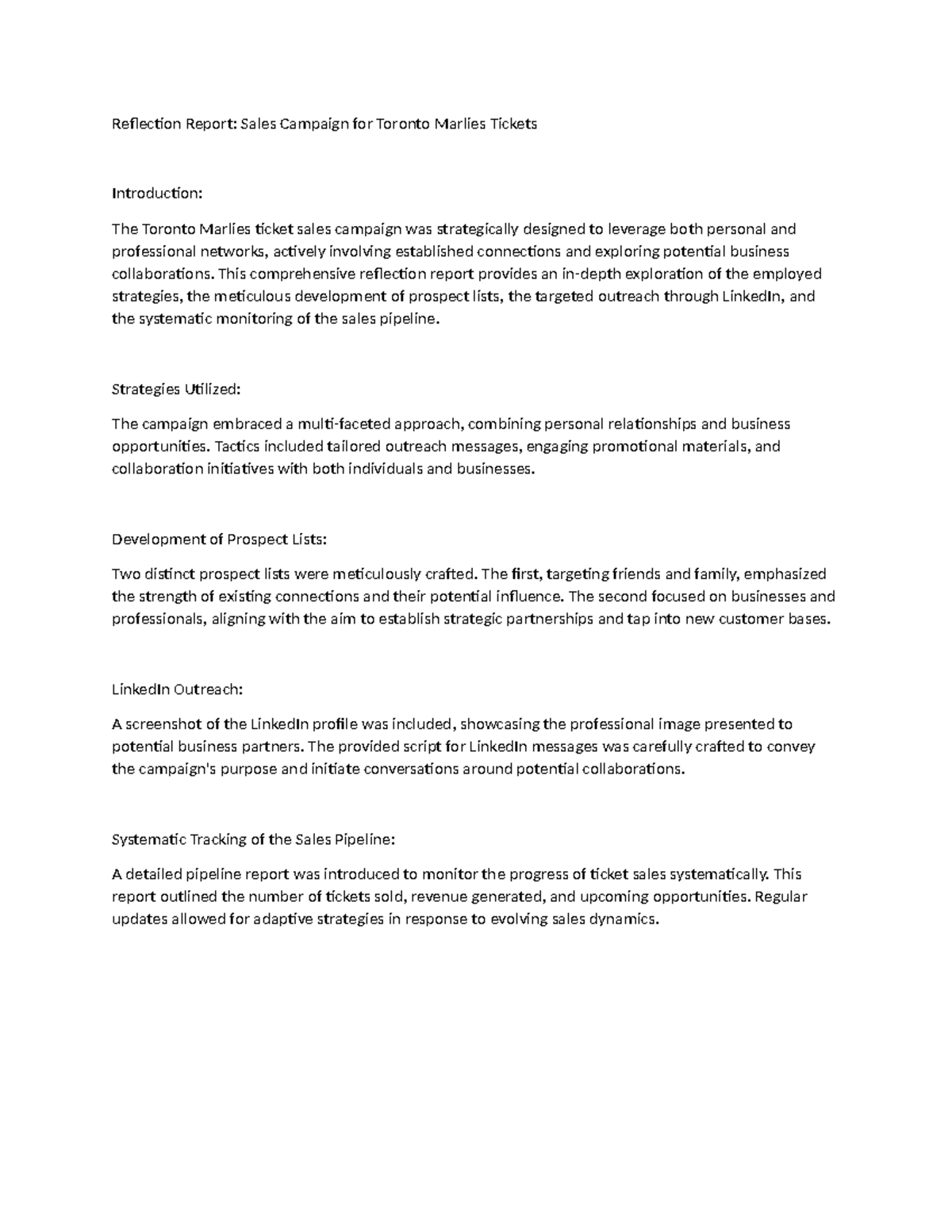 Reflection Report-N01622223-MKTG-5009-0LE - Reflection Report: Sales ...