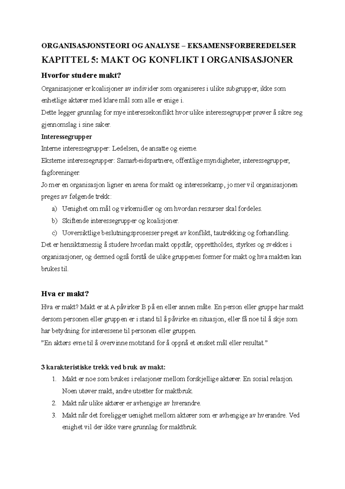 ORG100 Kapittel 5 - Makt og konflikt - ORGANISASJONSTEORI OG ANALYSE EKSAMENSFORBEREDELSER ...