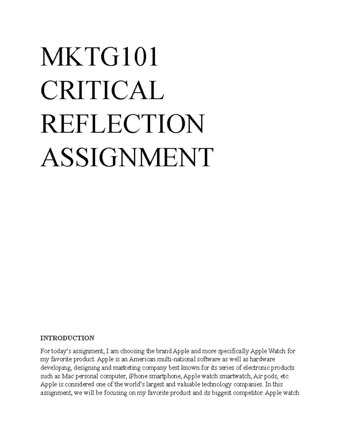 MKTG101 Assignment - MKTG CRITICAL REFLECTION ASSIGNMENT INTRODUCTION ...