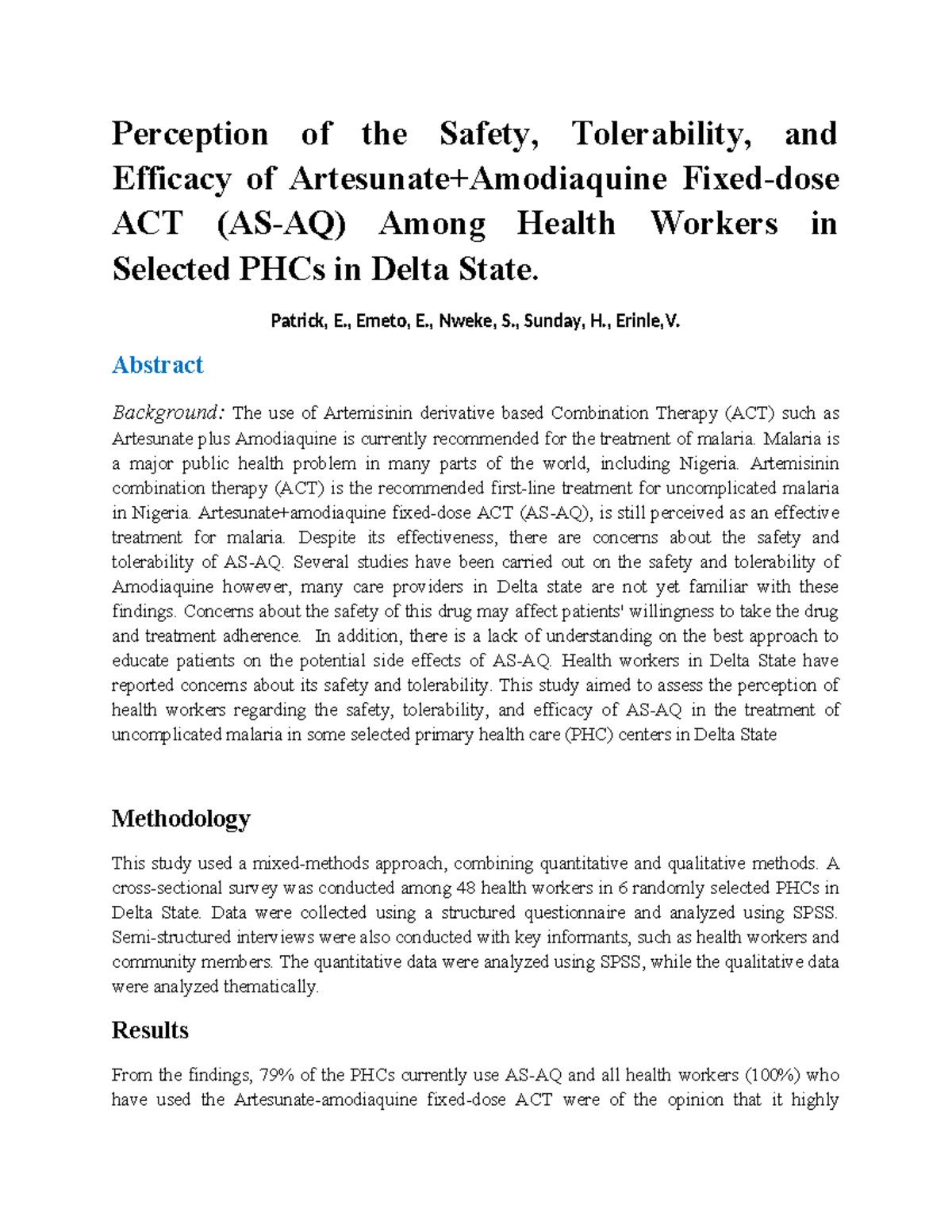 2. Perception of the Safety, Tolerability, and Efficacy of Artesunate ...