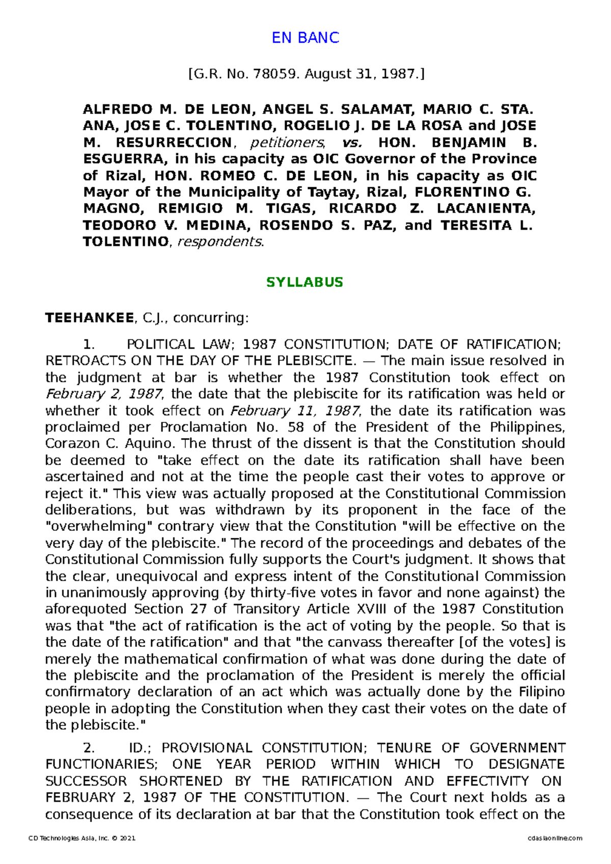 134296-1987-De Leon v - Cases - EN BANC [G. No. 78059. August 31, 1987 ...