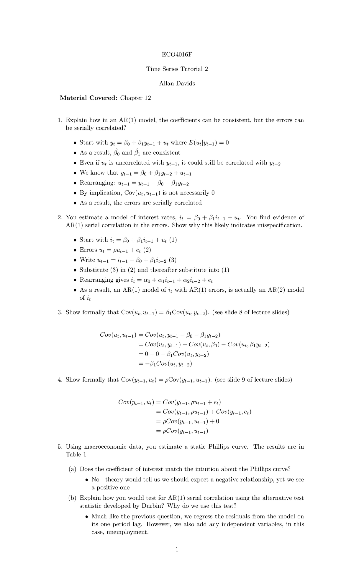 Time Series Tut 2 Solutions - ECO4016F Time Series Tutorial 2 Allan Davids Material Covered ...