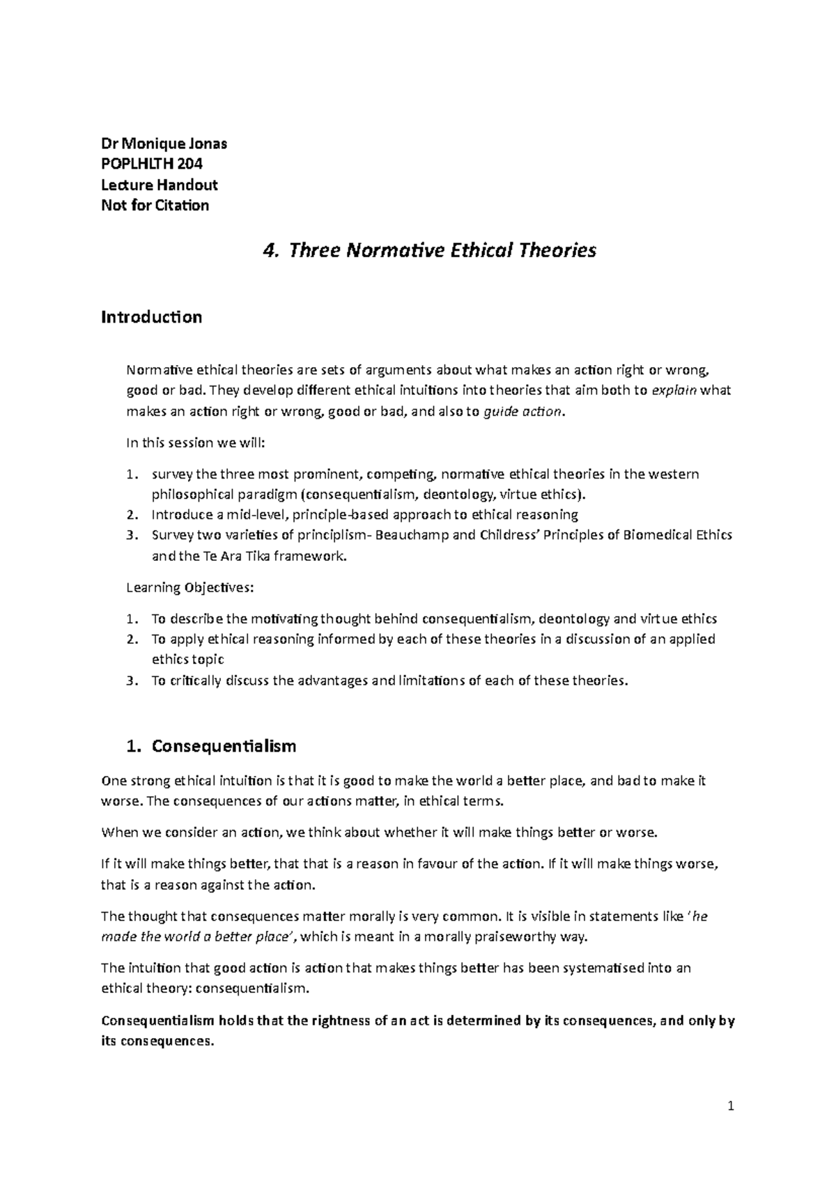 204.4 three normative ethical theories - Dr Monique Jonas POPLHLTH 204 ...